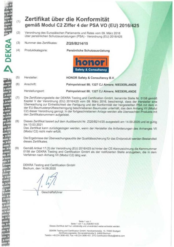 EU-Type Certificate PPE Regulation (EU) 2016/425